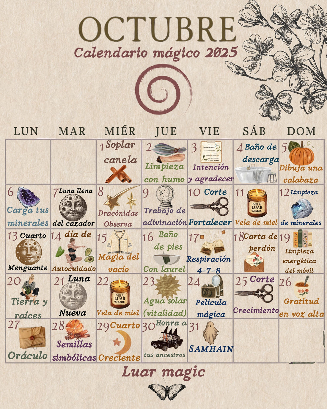 Octubre 2025 · Calendario MÁGICO día a día – Luarmagic